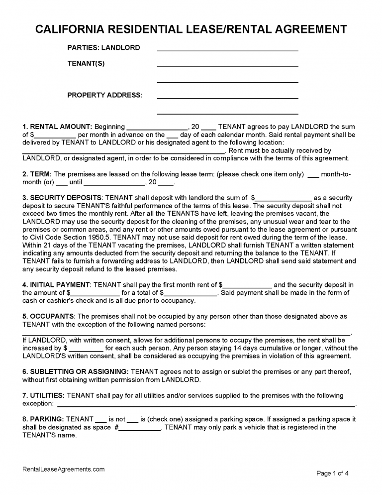 Printable Rental Agreement California Printable World Holiday
