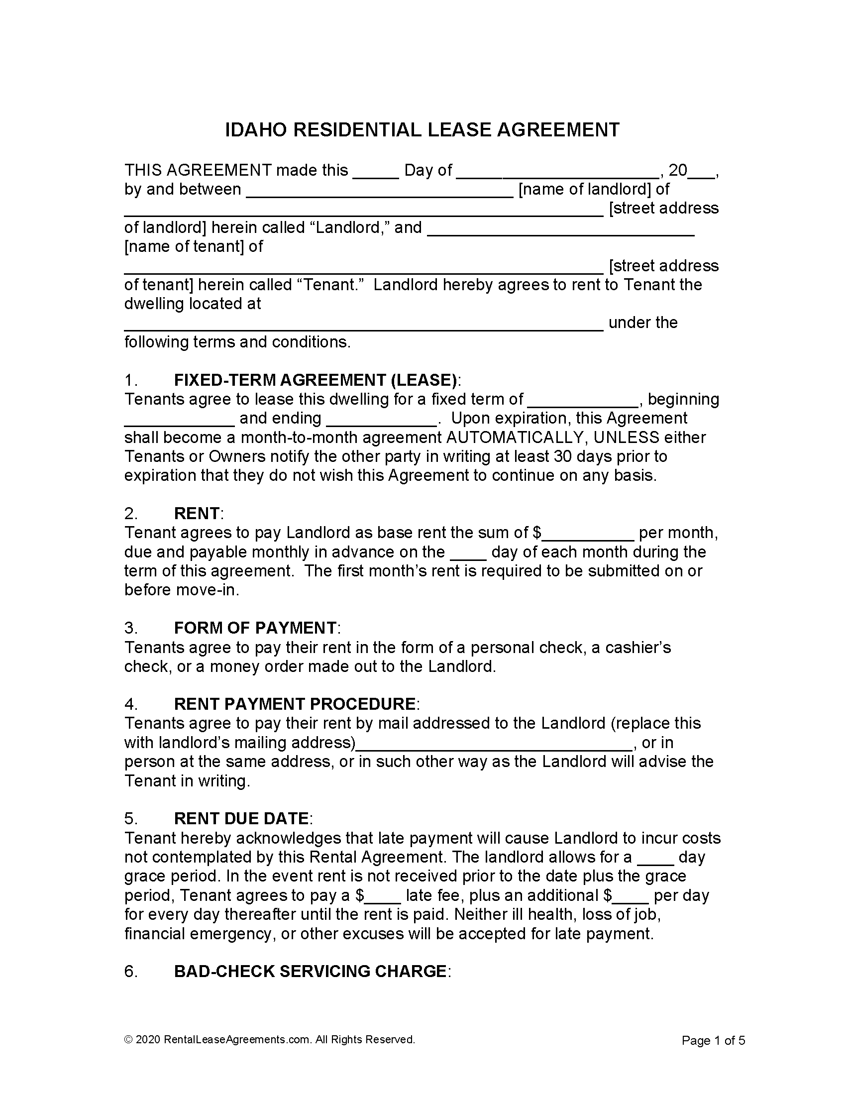 Free Idaho Residential Lease Agreement PDF