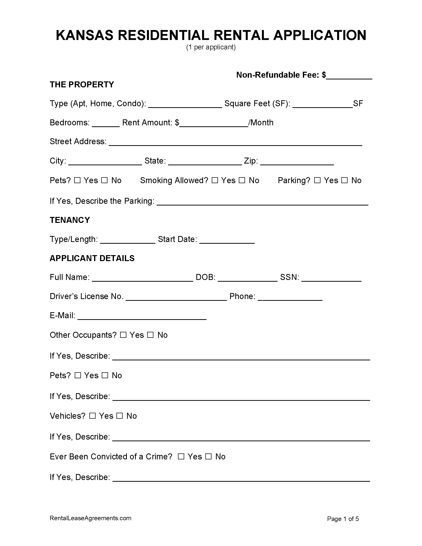 Kansas Rental Application PDF MS Word Free Printable Rental Lease 