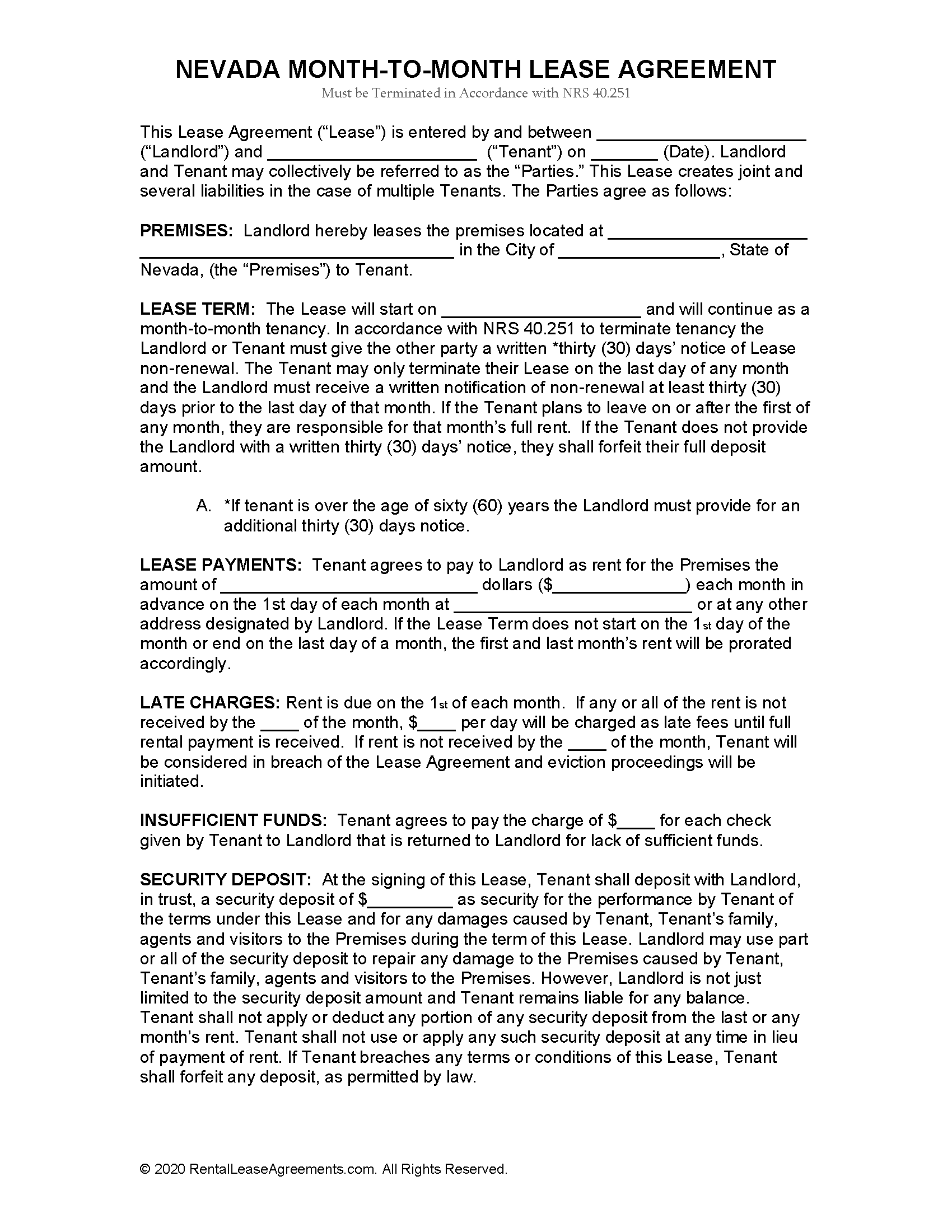 Free Nevada Month to Month Rental Agreement PDF MS Word