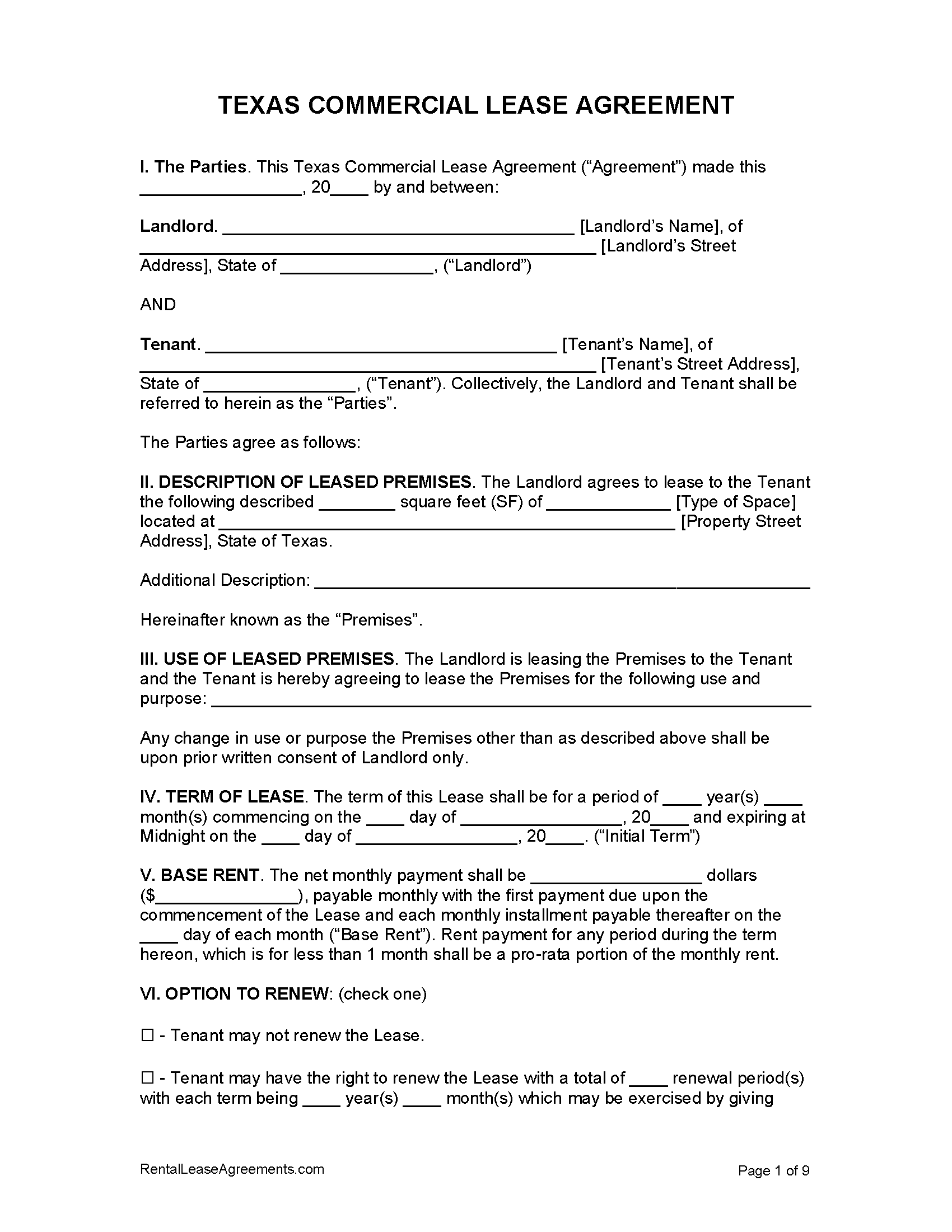 Free Texas Commercial Lease Agreement PDF MS Word