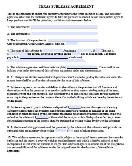 Free Texas Sublease Agreement Form Template Adobe PDF