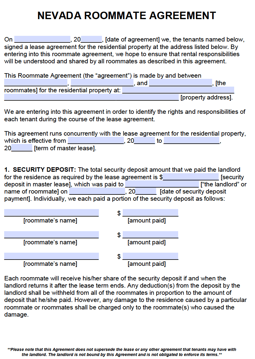 Free Nevada Roommate Agreement Template PDF Word